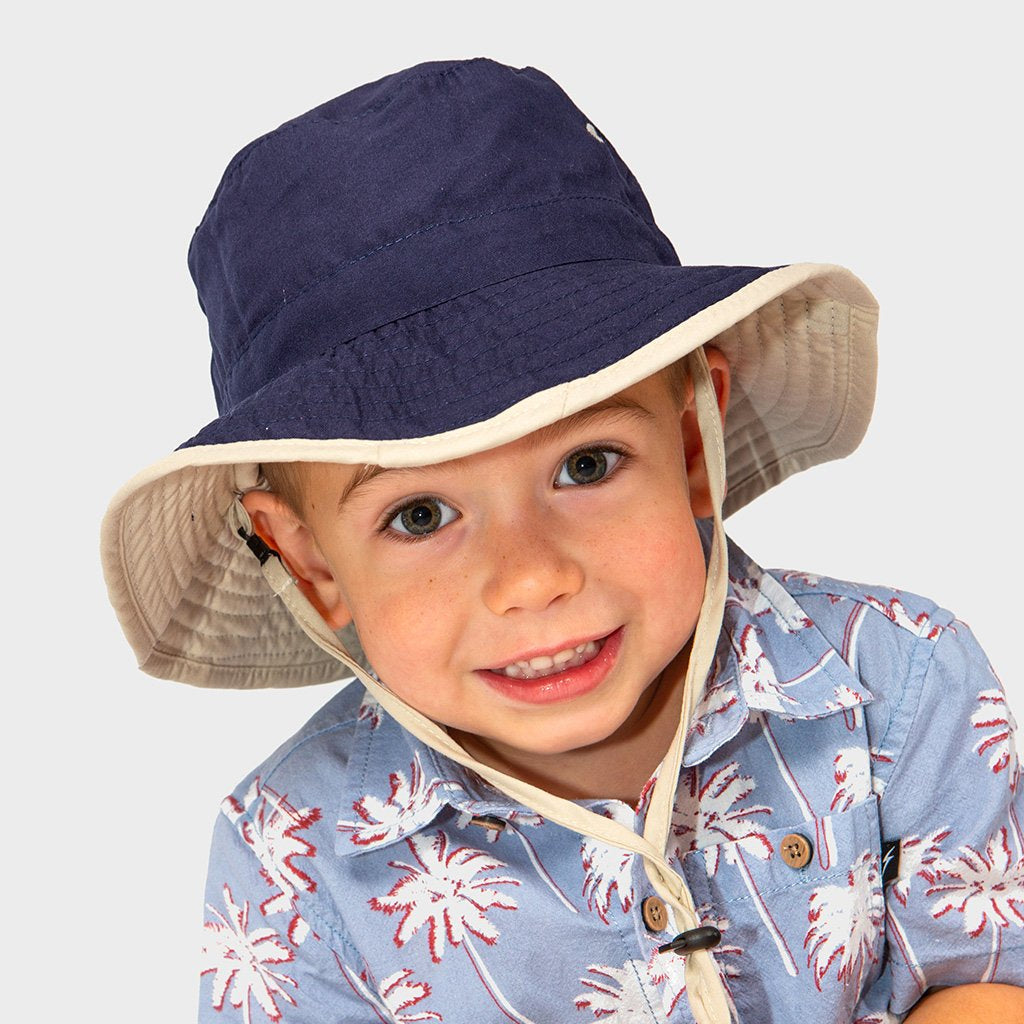 Cancer Council Kids Charlie Bucket Hat - Navy/Stone – AustralianGear
